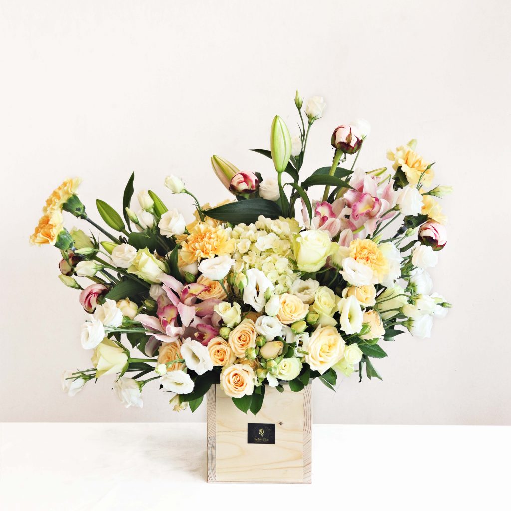 Wooden flower Box - White Rose Flowers