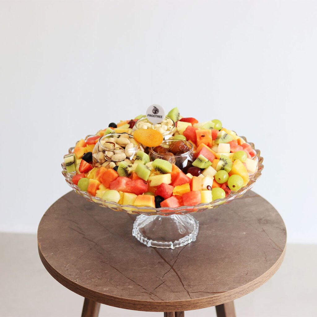 Cut Fruits and Nuts platter - White Rose Flowers